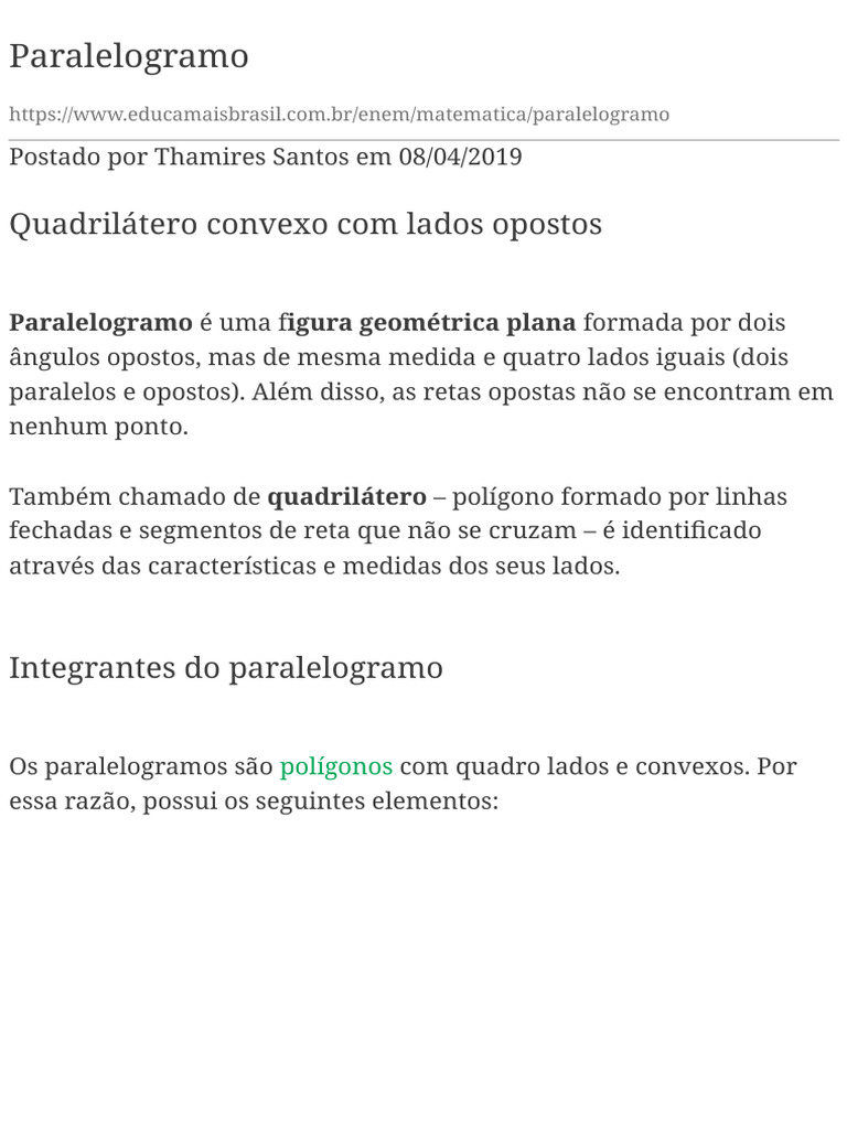 Entenda o Paralelogramo: Tipos e Propriedades | PDF | Ângulo | Geometria