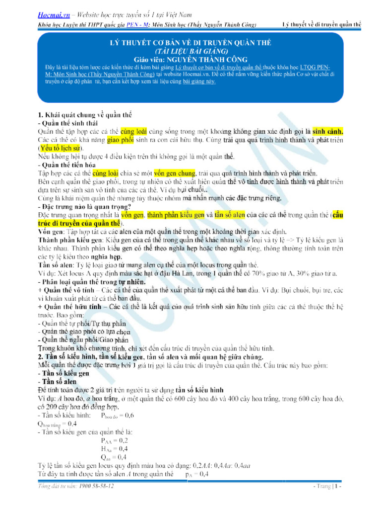 Ly Thuyet Co Ban Ve Di Truyen Quan The - Sinh Hoc - Lop 12 | PDF
