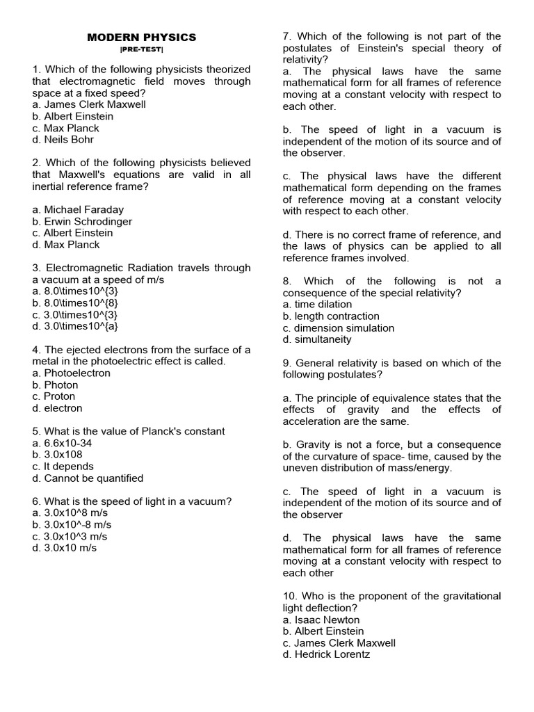 Pre Test | PDF | Special Relativity | Light