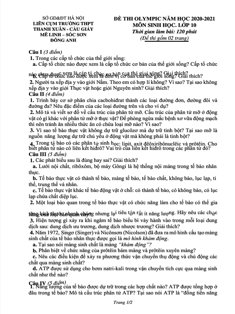 PDF de Olympic Cum Mon Sinh Hoc Lop 10 Nam 2021 - Compress | PDF