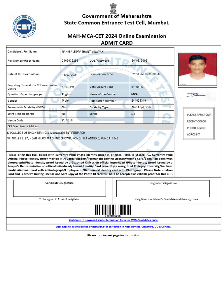 Government of Maharashtra State Common Entrance Test Cell, Mumbai. MAH ...