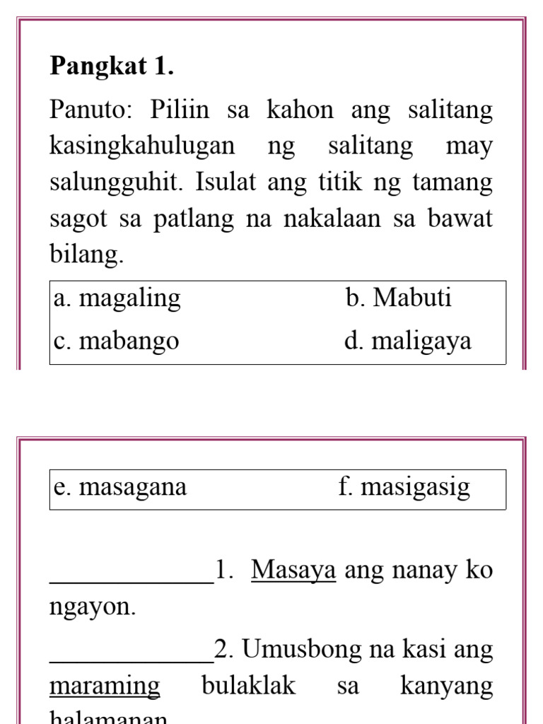 Pangkat 1 - Kasingkahulugan at Kasalungat | PDF