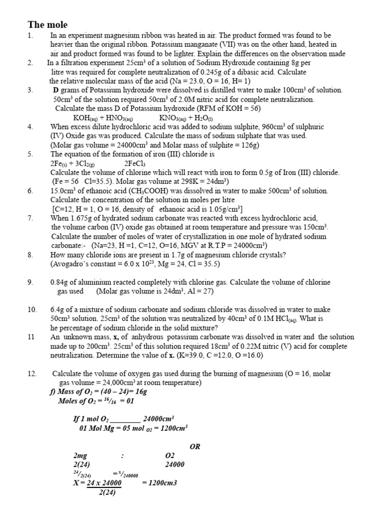 Form 3 The Mole Formulae and Chemical Equestionsuations Questions ...