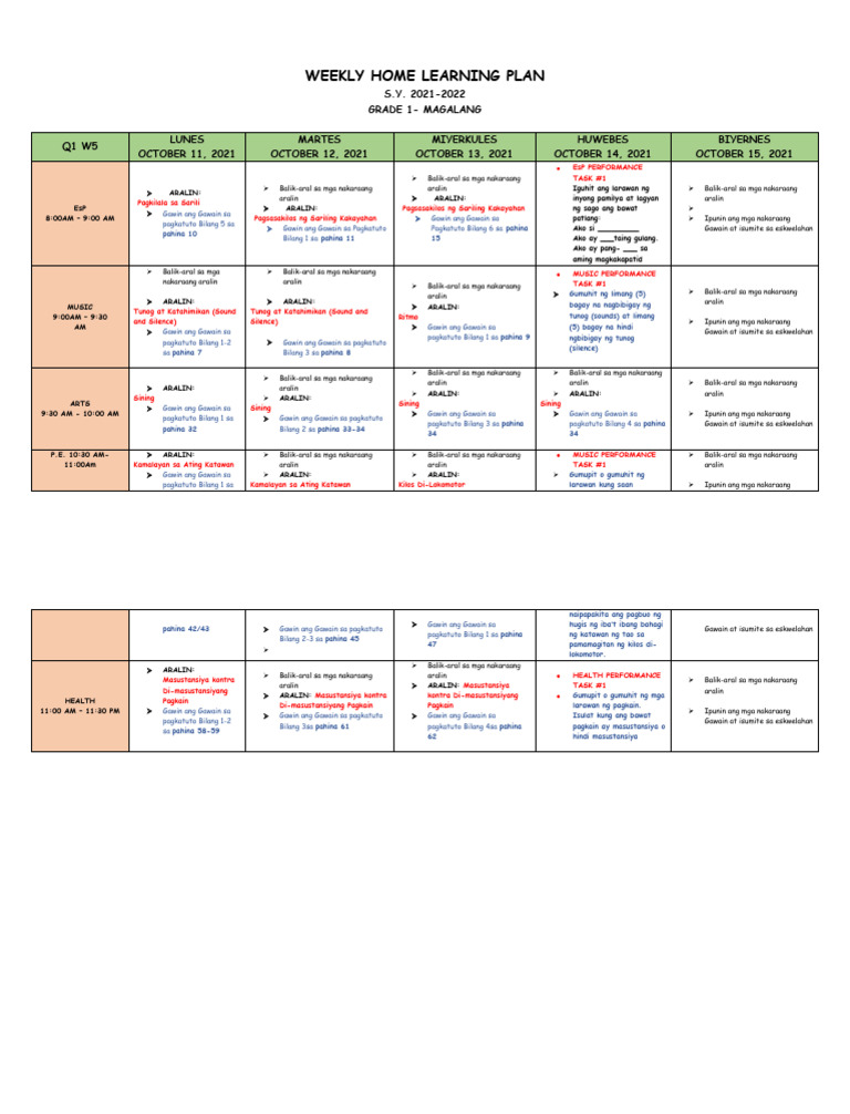 Weekly Home Learning Plan Week 5 | PDF