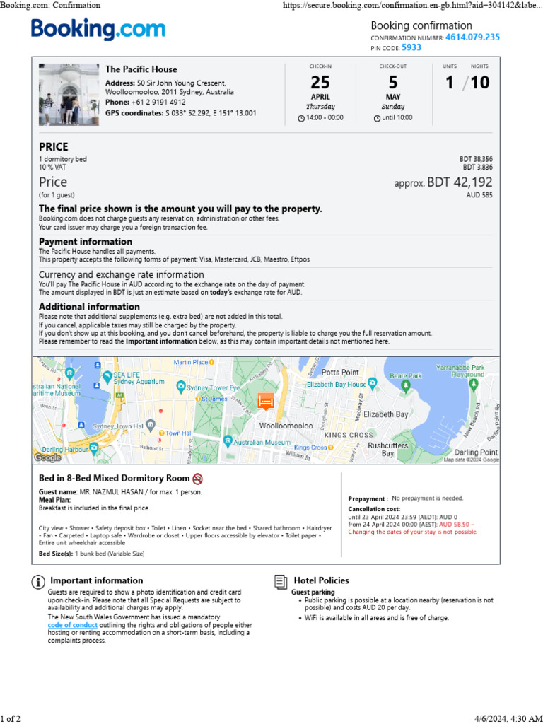 Booking.com Confirmation | PDF | Payments