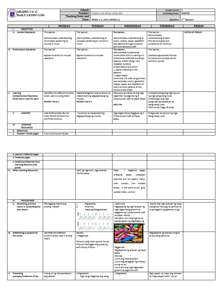 Grade 5 DLL MAPEH 5 Q4 Week 1 | PDF | Learning