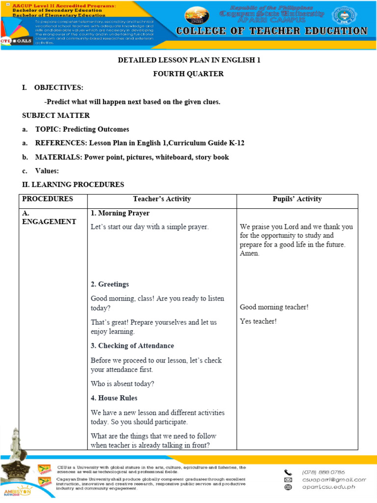 DLP ENGLISH 1( Predicting outcomes)) | PDF | Lesson Plan