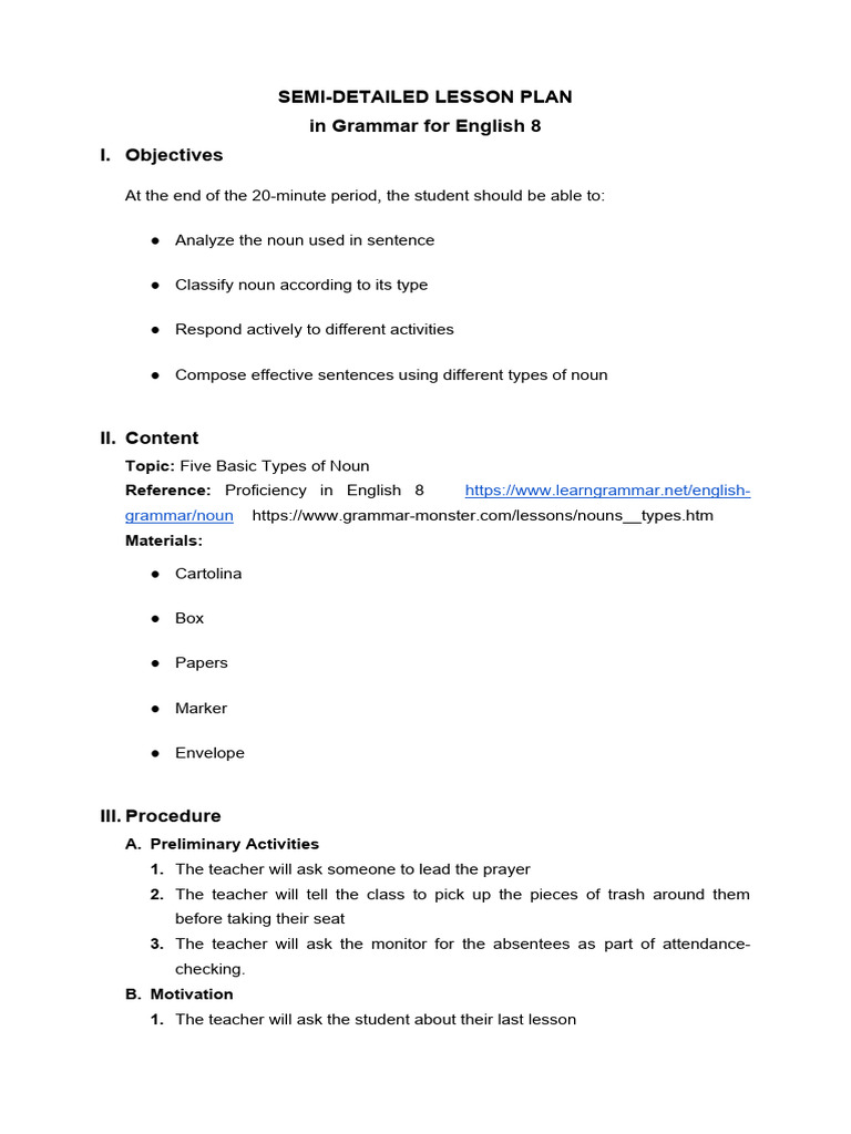 Grammar Lesson Plan: Types of Nouns | PDF | Cognitive Science | Syntax