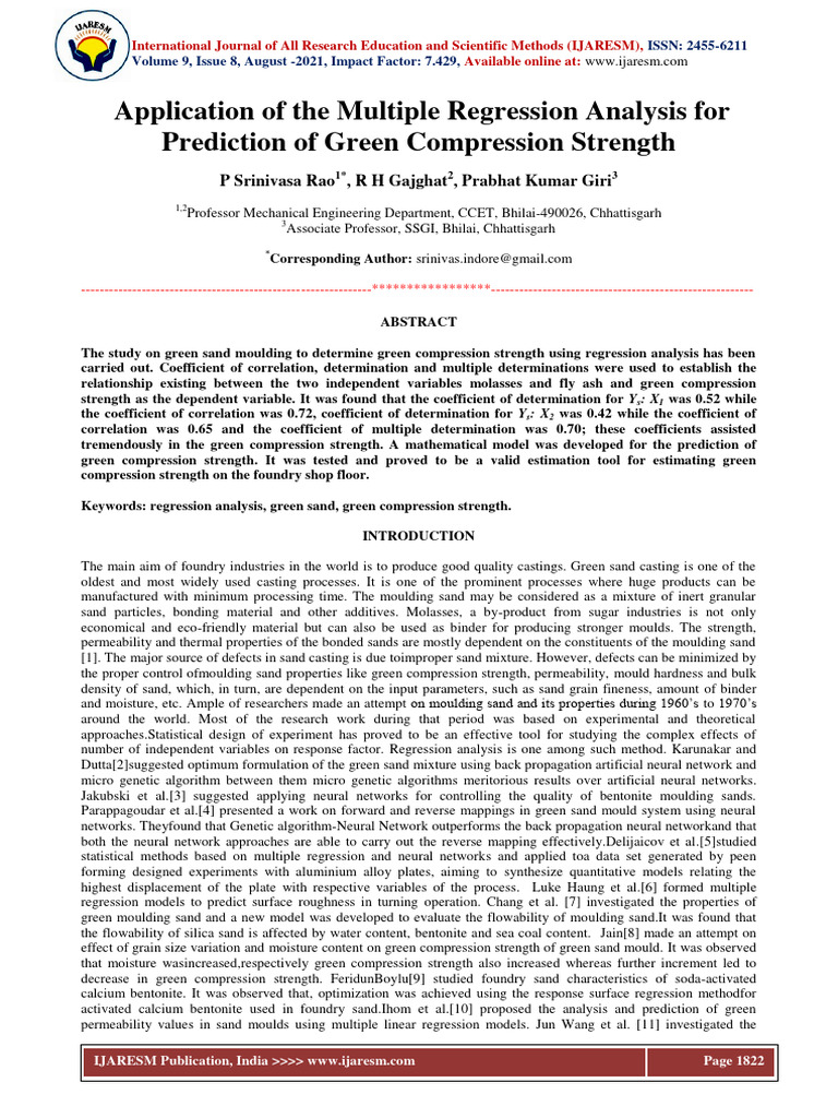 Application of The Multiple Regression Analysis For Prediction of Green Compression Strength ...