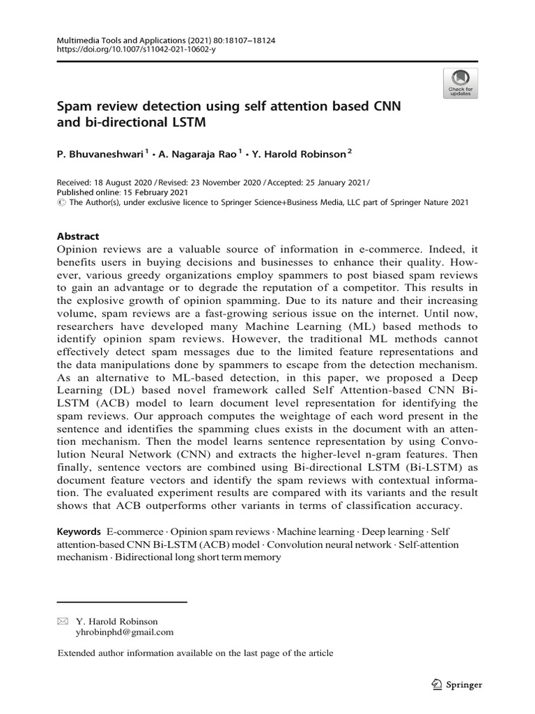 Spam Review Detection Using Self Attention Based Cnn And Bi Directional Lstm Pdf Receiver