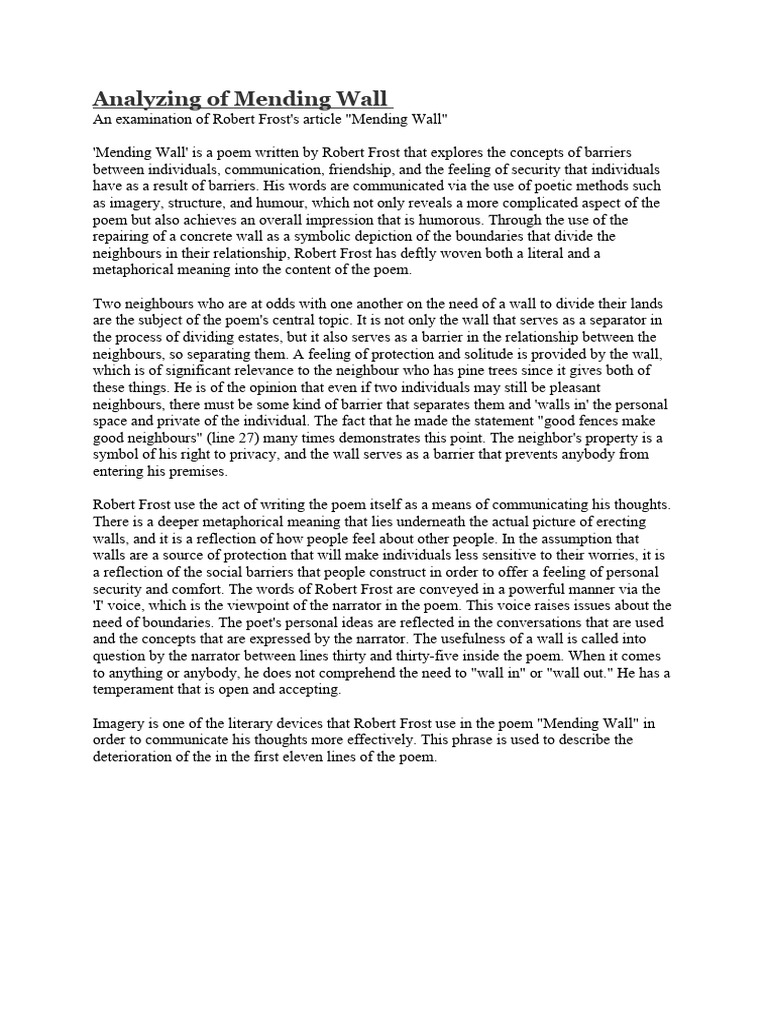 Analyzing of Mending Wall | PDF | Wall | Poetry