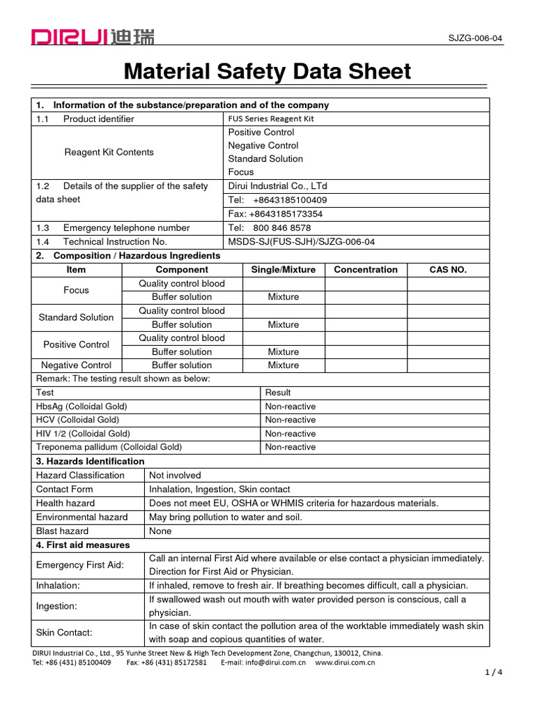 MSDS - DIRUI Focus Positive Negative Standard Solution | PDF ...