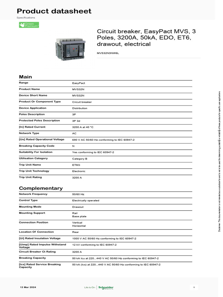 EasyPact MVS 3200A Circuit Breaker Data | PDF | Alternating Current ...