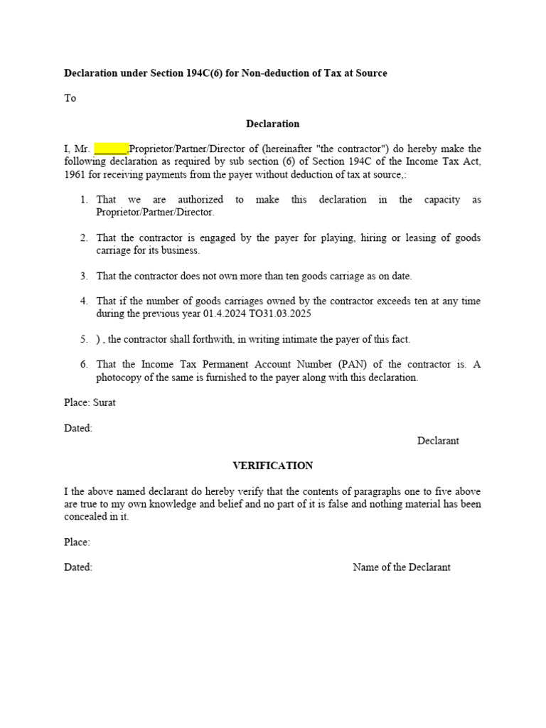 Declaration Under Section 194C | PDF | Business | Law