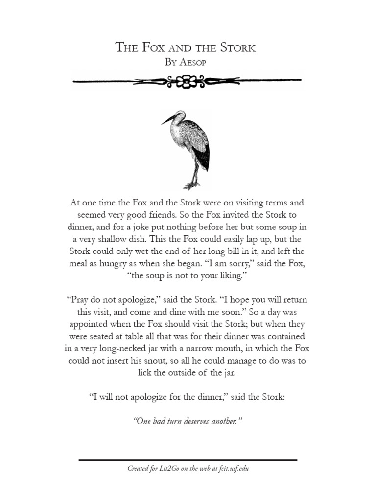 Aesops Fables 033 The Fox and The Stork | PDF