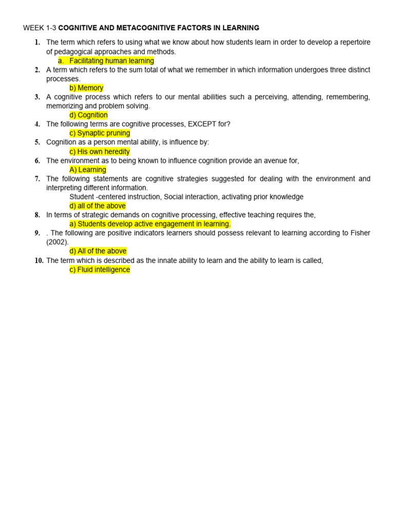 Week 1 3 Cognitive and Metacognitive Factors in Learning | PDF | Learning | Cognition