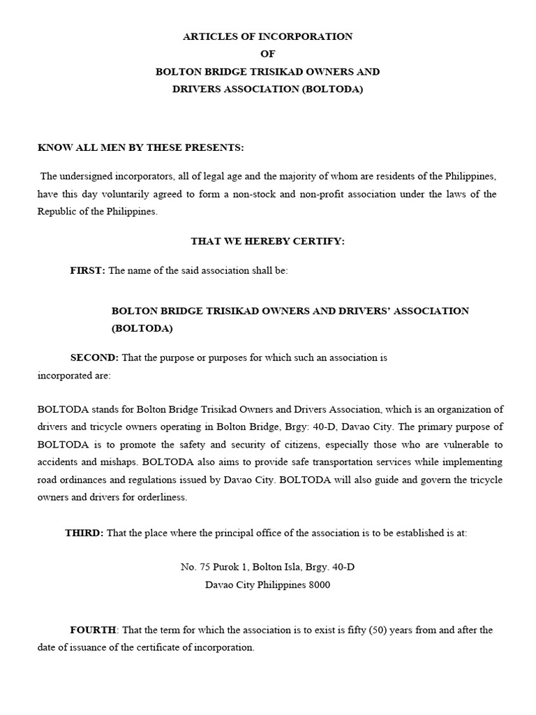 Articles of Incorporation of Bolton Bridge Trisikad Owners and Drivers ...