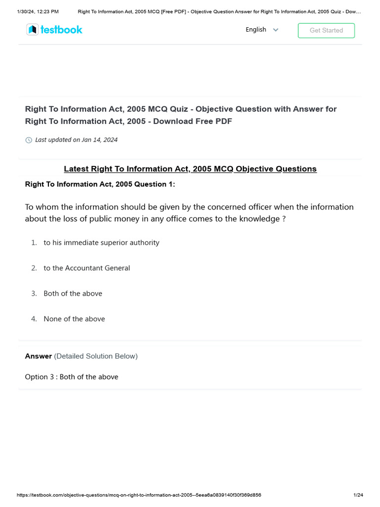 Right To Information Act, 2005 MCQ (Free PDF) - Objective Question Answer For Right To ...