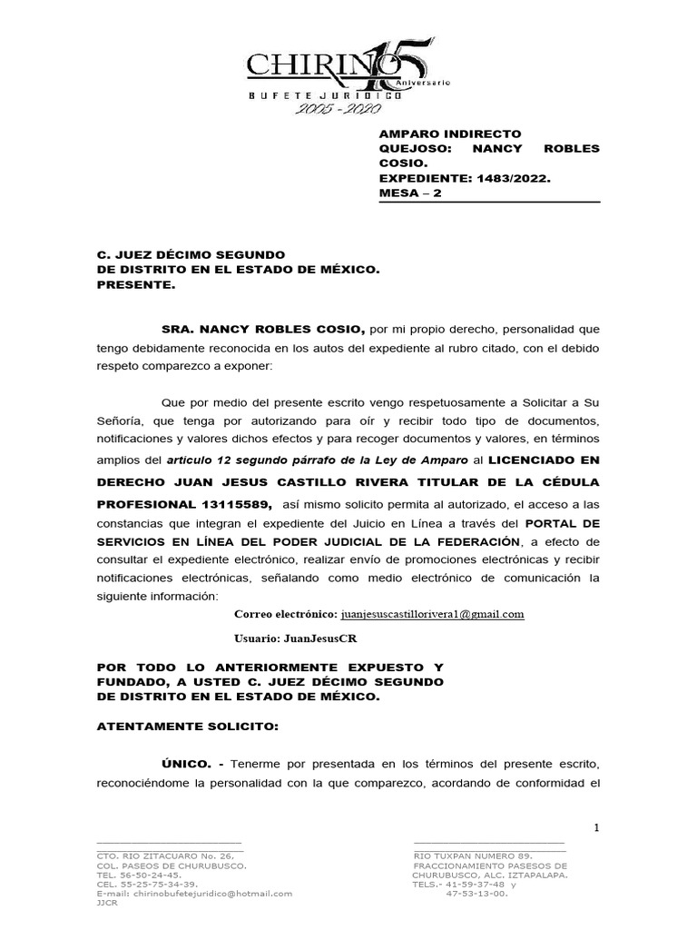 Autorización AMPARO INDIRECTO - NANCY ROBLES - 1483 | PDF | Gobierno | Justicia