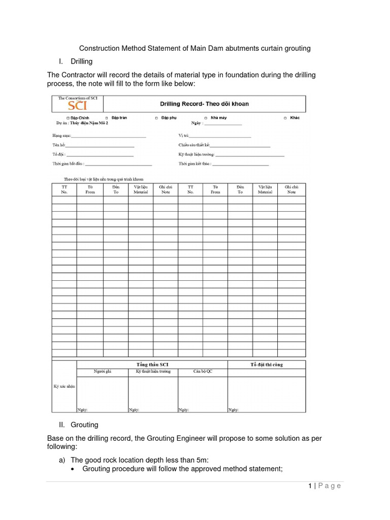 Construction Method Statement of Main Dam Butments Curtain Grouting | PDF