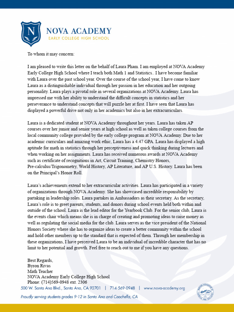 Laura Pham Letter of Rec | PDF