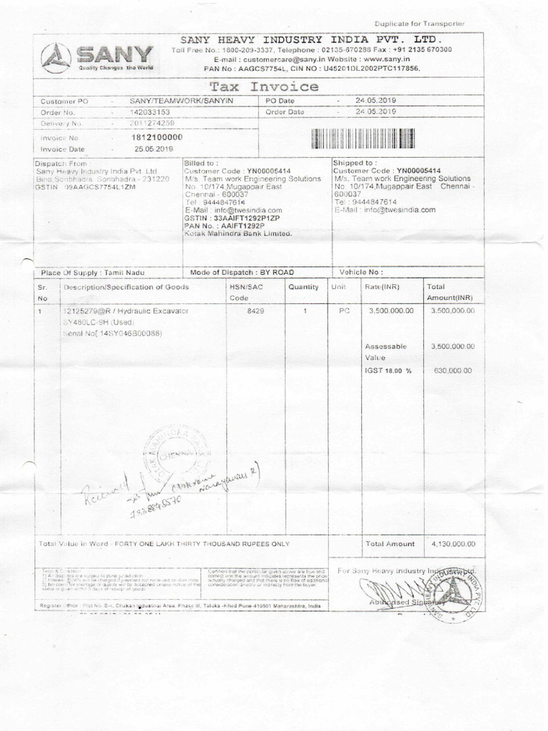Sany 480-2 Excavator Invoice | PDF