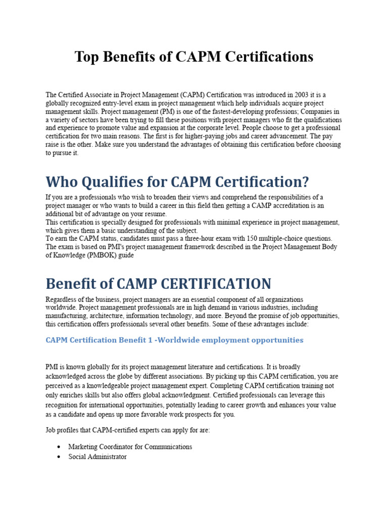 Top Benefits of CAPM Certifications | PDF | Project Management ...