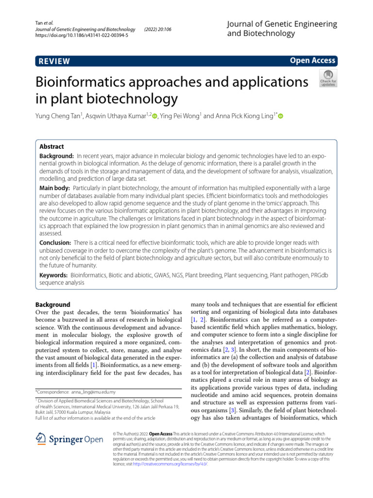 Bioinformatics Approaches And Applications In Plan Pdf Bioinformatics Genomics