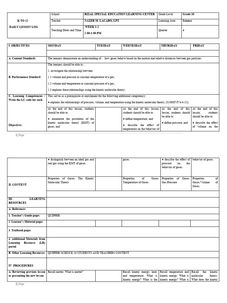 DLL - Science 10 - Q4 | PDF | Gases | Polysaccharide