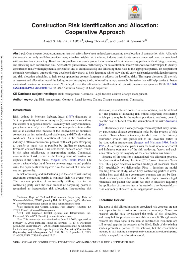 Construction Risk Identification and AllocationCooperative Approach ...