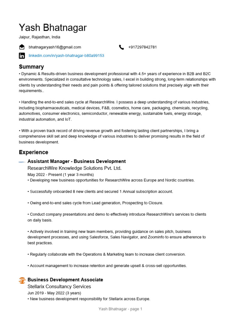 Resume-Yash Bhatnagar | PDF | Sales | Marketing