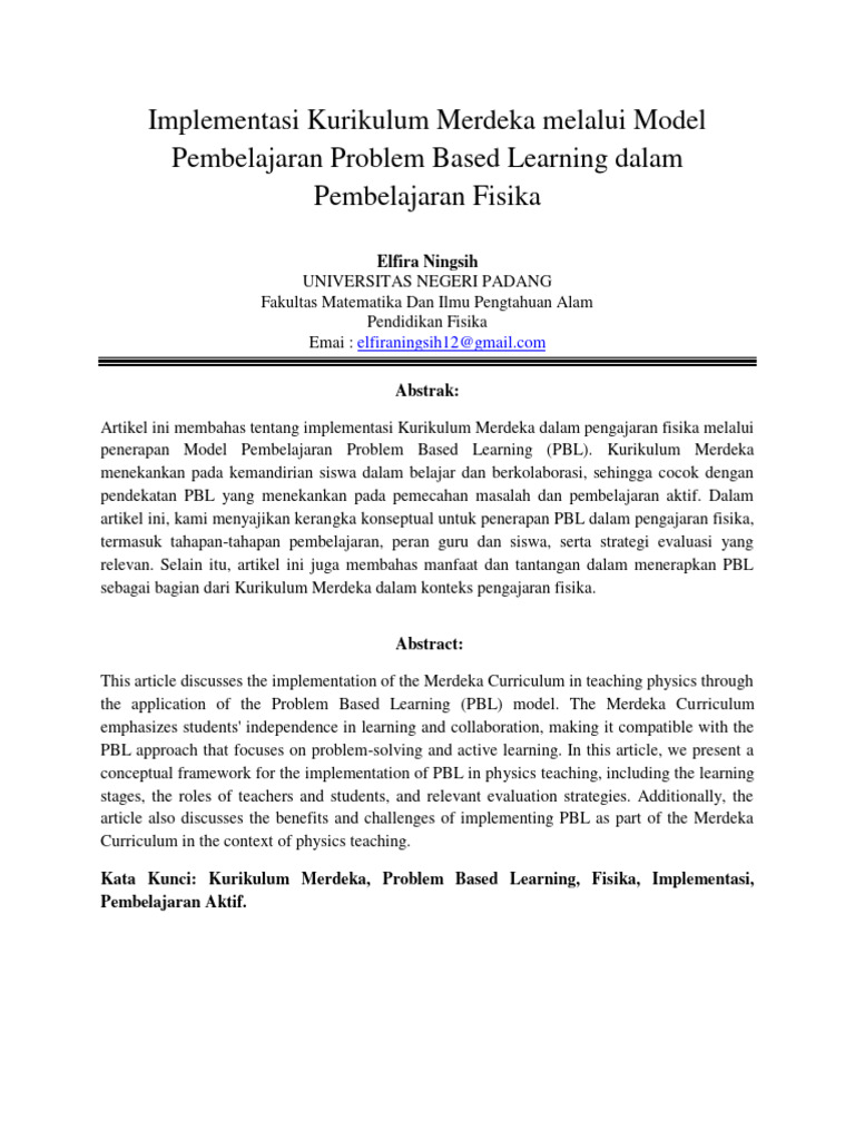 Implementasi Kurikulum Merdeka melalui Model Pembelajaran Problem Based Learning dalam ...
