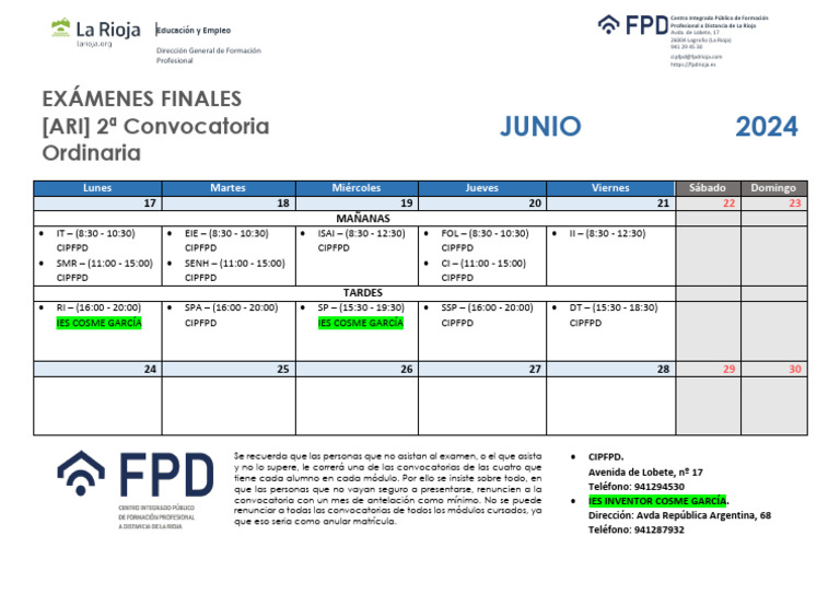 Plantilla para Calendario Examenes - Junio | PDF