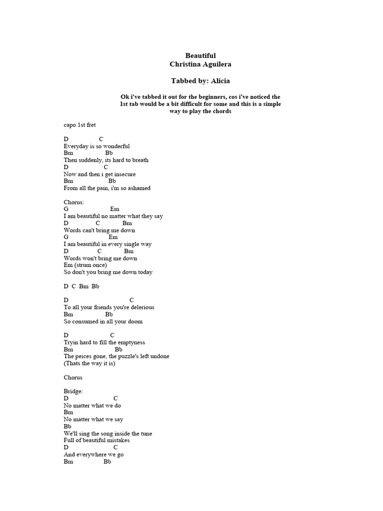 Beautiful - Christina Aguilera Chords | PDF | Music Theory | Elements ...