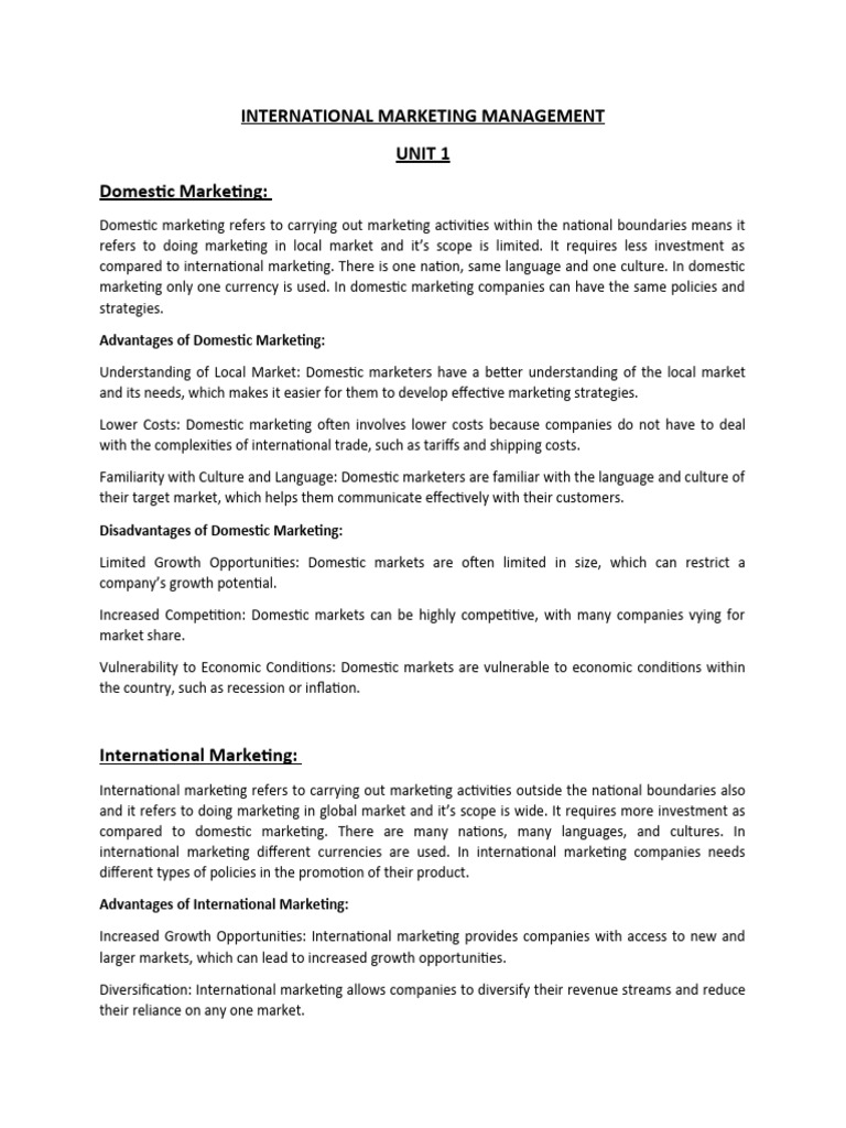 International Marketing Management Unit 1 Domestic Marketing | PDF ...