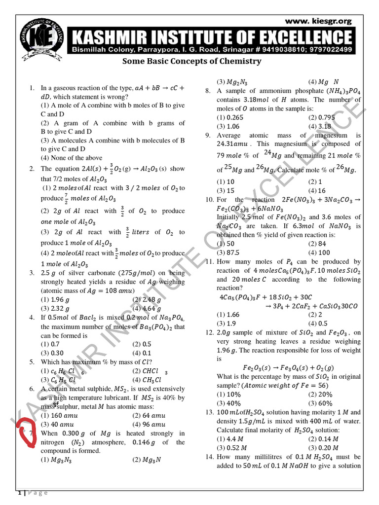 Some Basic Concepts DPP 1 | PDF | Mole (Unit) | Chemical Compounds