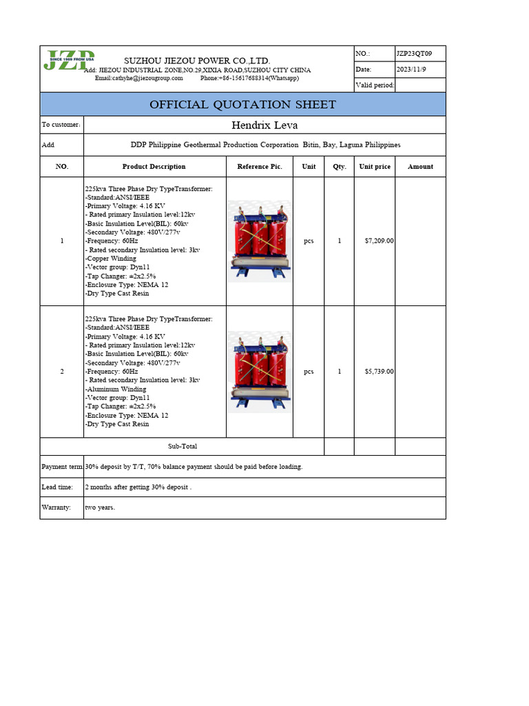 JZP231109 QUO of Three Phase Dry Type Transformer | PDF | Transformer ...