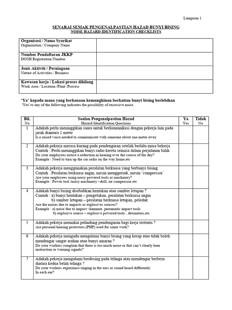 Borang Pengenalpastian Bunyi Bising Berlebihan Dwi Bahasa | PDF