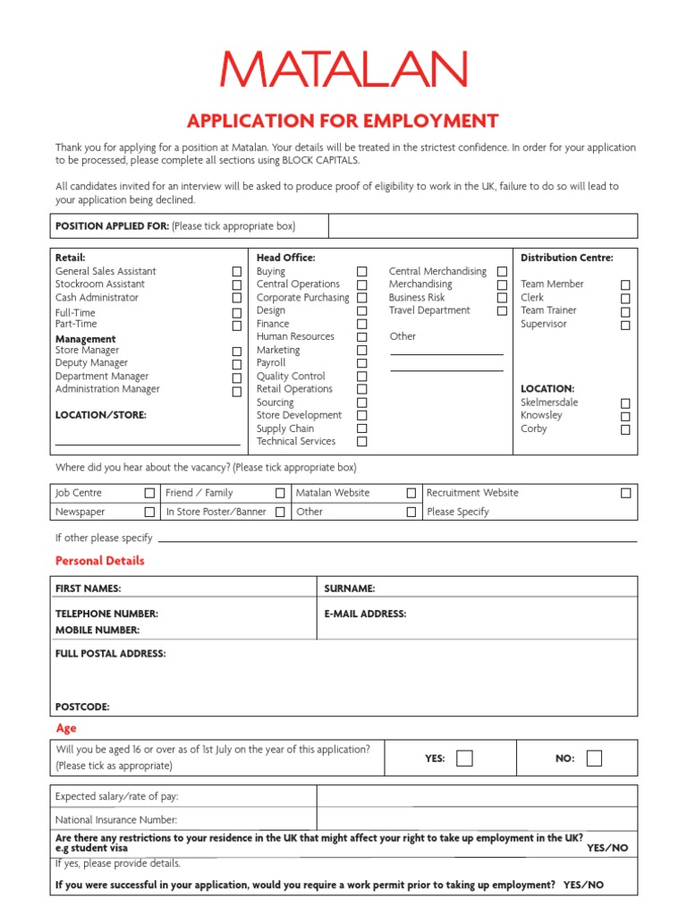 Matalan Application Form | Download Free PDF | Employment | Retail