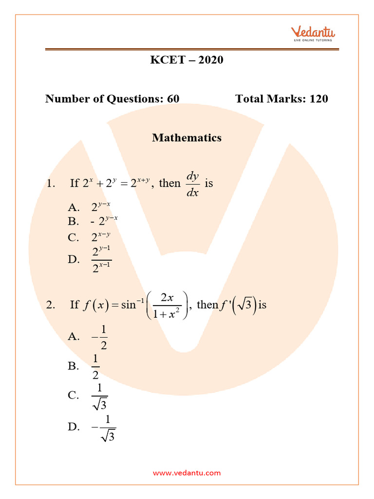 KCET 2020 Previous Year Question Paper For Maths - Free PDF Download ...