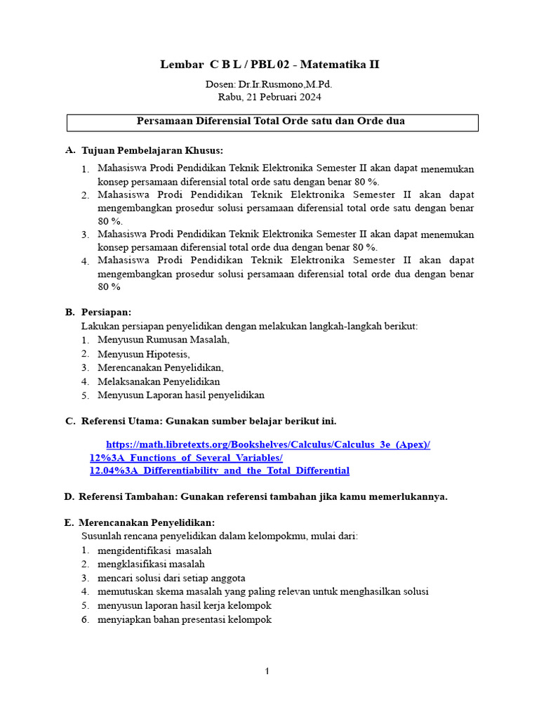 Matematika II 120 - Lembar PBL 02 - AB | PDF