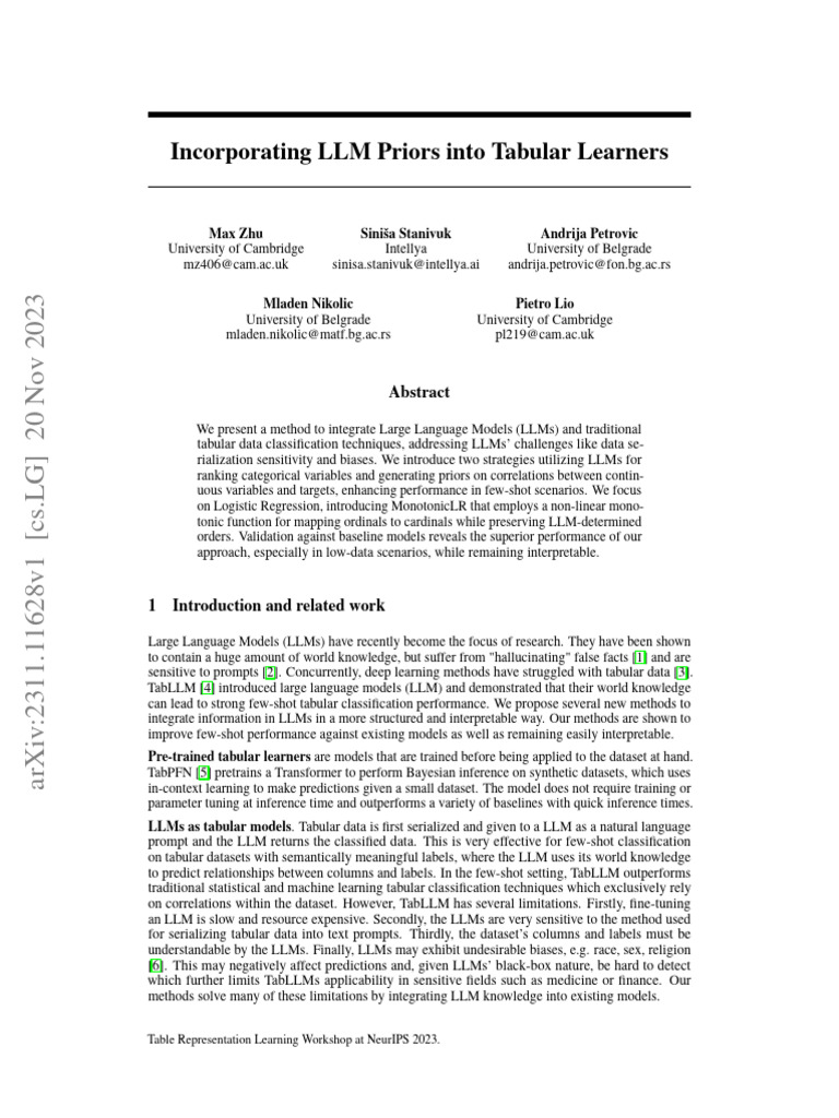 Incorporating LLM Priors Into Tabular Learners: Table Representation Learning Workshop at ...