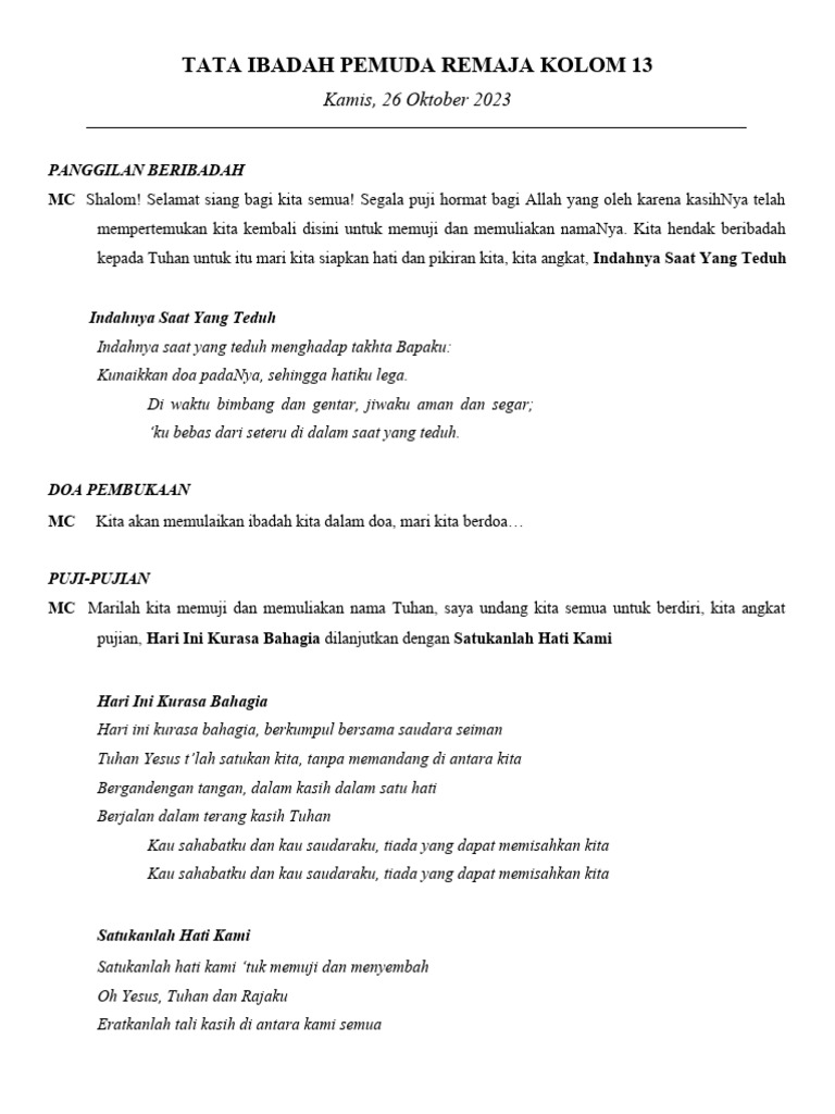 Tata Ibadah Pemuda Remaja Kolom 13 | PDF