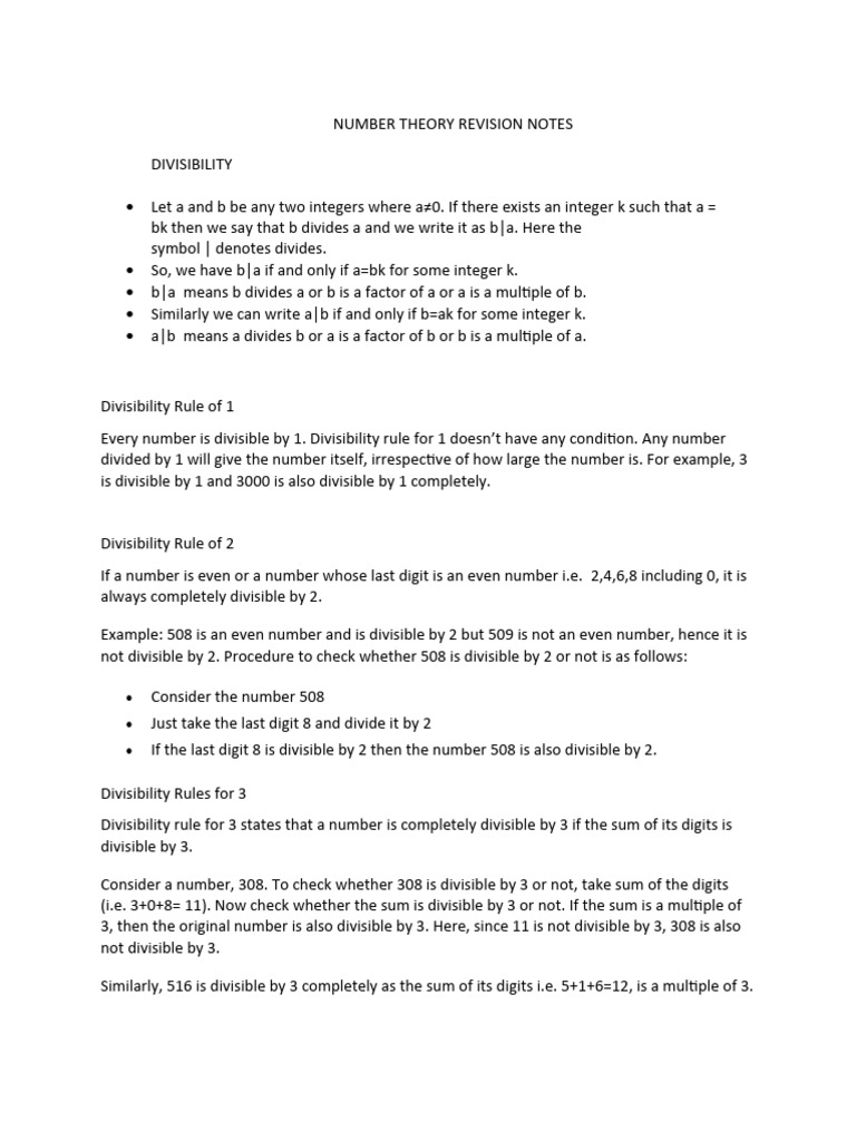 Number Theory Revision Notes | PDF | Division (Mathematics) | Numbers