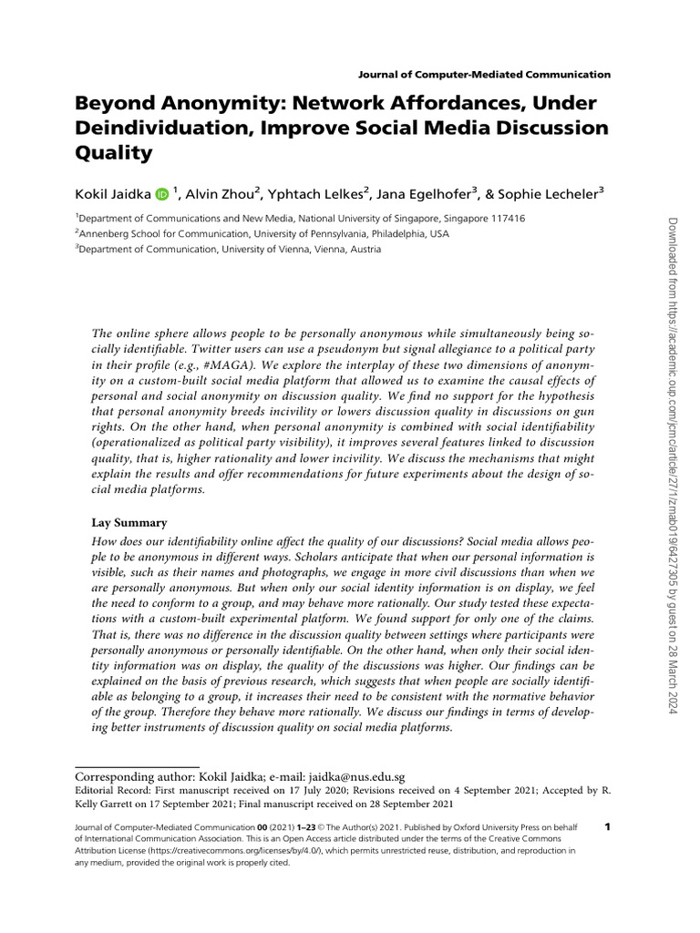 Beyond Anonymity: Network Affordances, Under Deindividuation, Improve ...