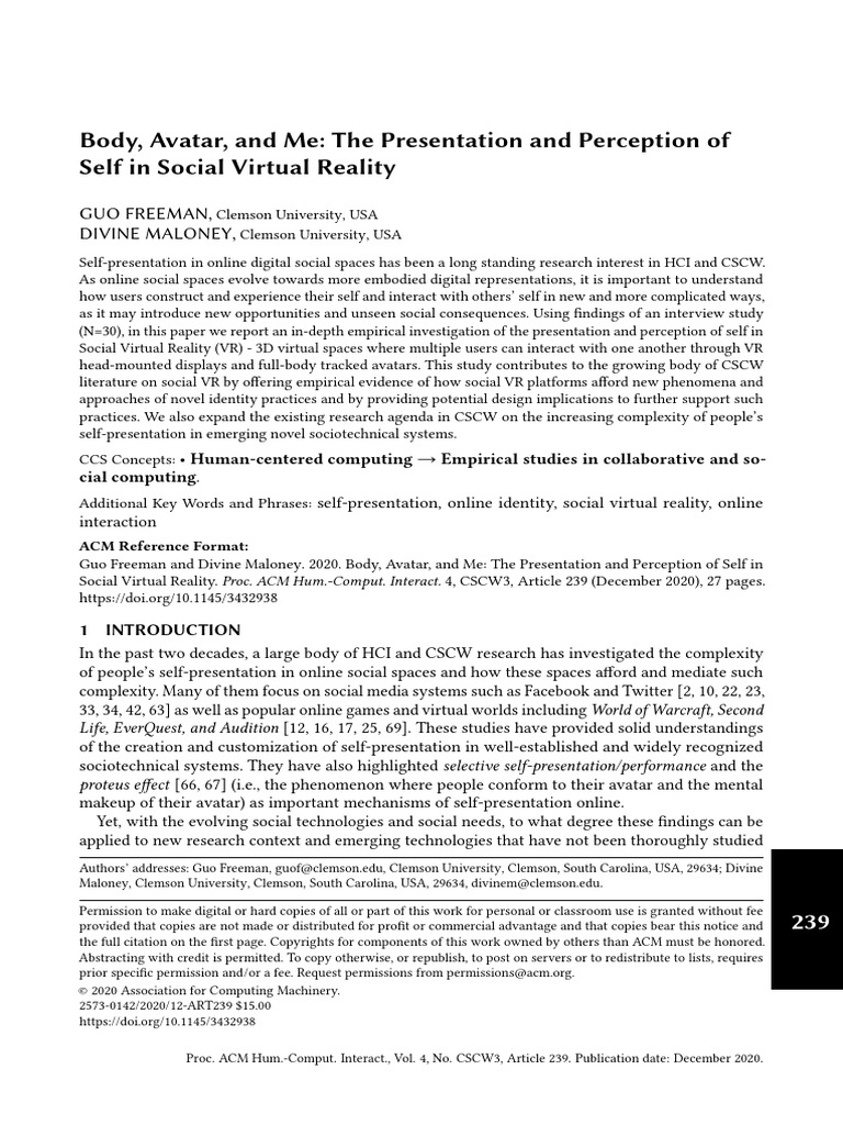 Body, Avatar, and Me: The Presentation and Perception of Self in Social ...