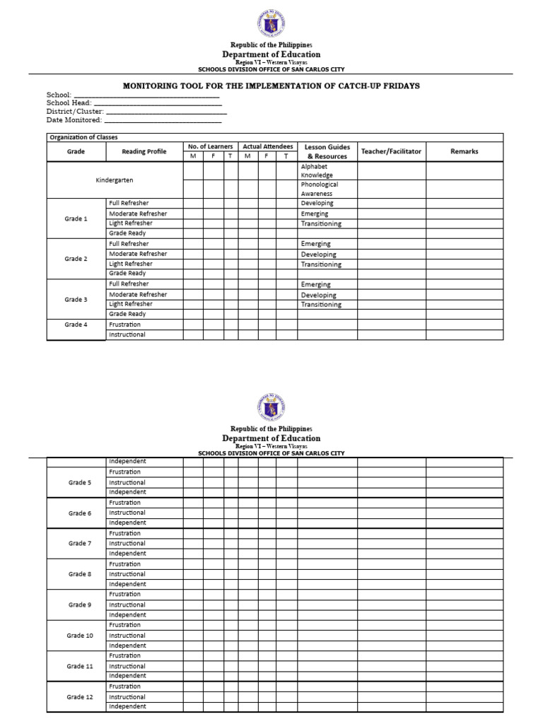 Catch - Up - Fridays - Monitoring Tool For The Implementation of National Reading Program | PDF ...