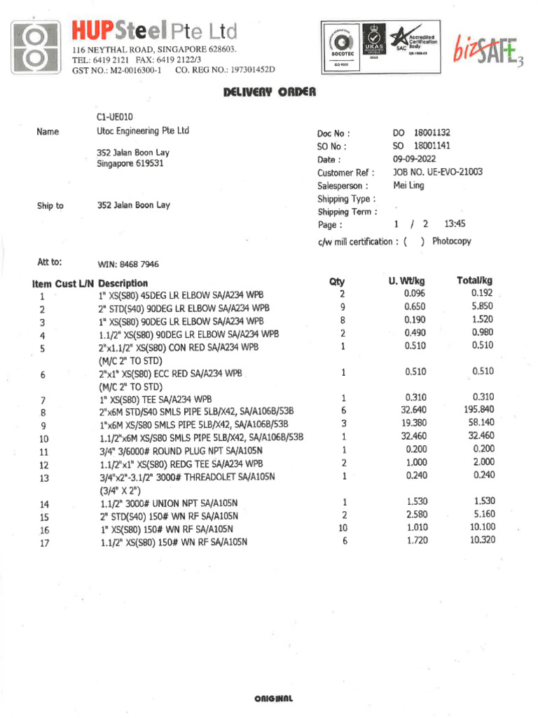 Do - 18001132 - Hup Steel - MTC | PDF