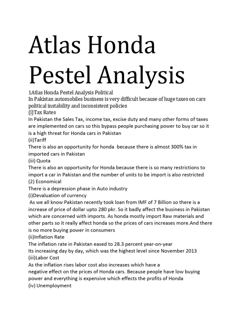 Atlas Honda Pestel Analysis Assignment | PDF | Taxes | Car