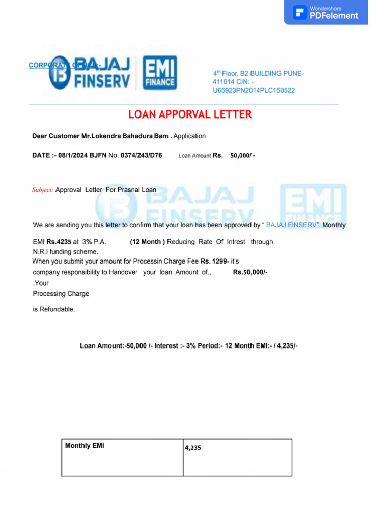 Bajaj Finance Loan Approval Later | PDF